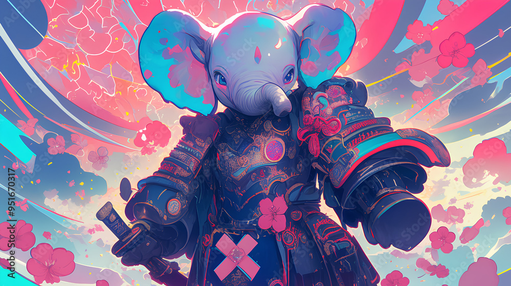Cute elephant wearing Japanese samurai armor, cool poses, cute kawaii ...