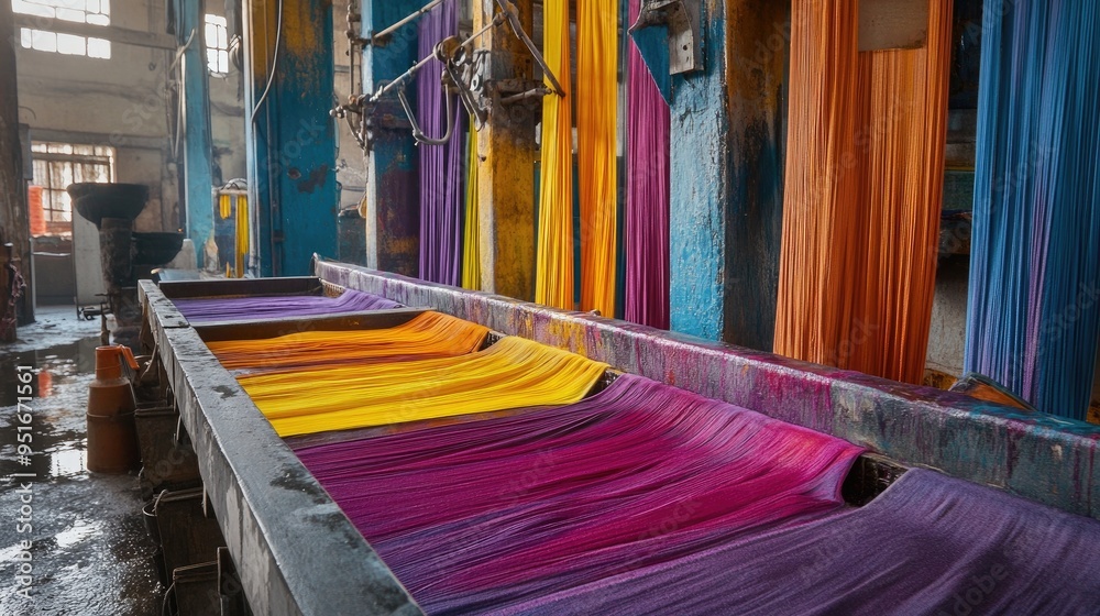 Dupatta being dyed in a traditional Indian workshop, vibrant colors ...