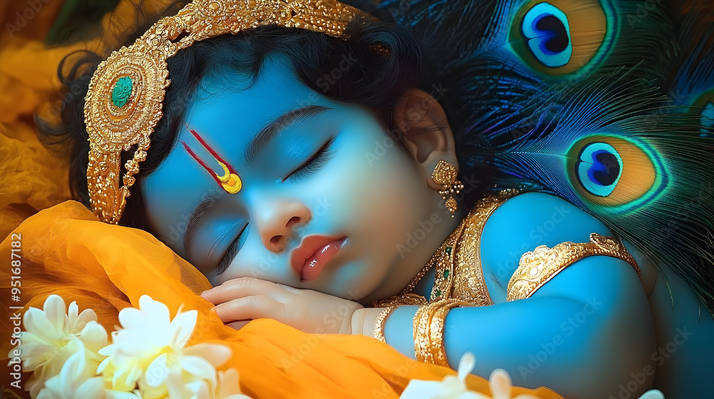 Cute little sleeping baby Krishna with blue skin and peacock feather ...
