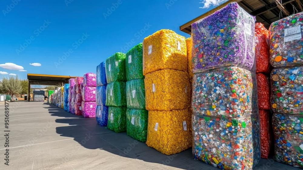 Compressed Plastics, Rows of tightly packed plastic bales in various ...