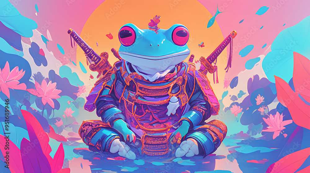 Cute frog wearing Japanese samurai armor, cool poses, cute kawaii ...