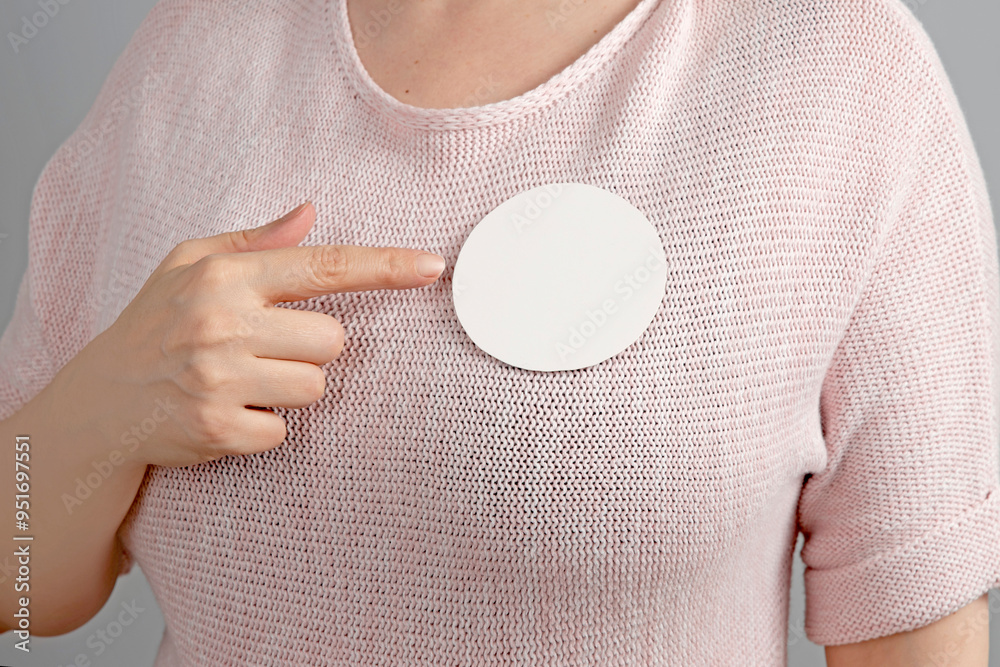 Round badge sticky label mockup template. Pin button on chest. White ...