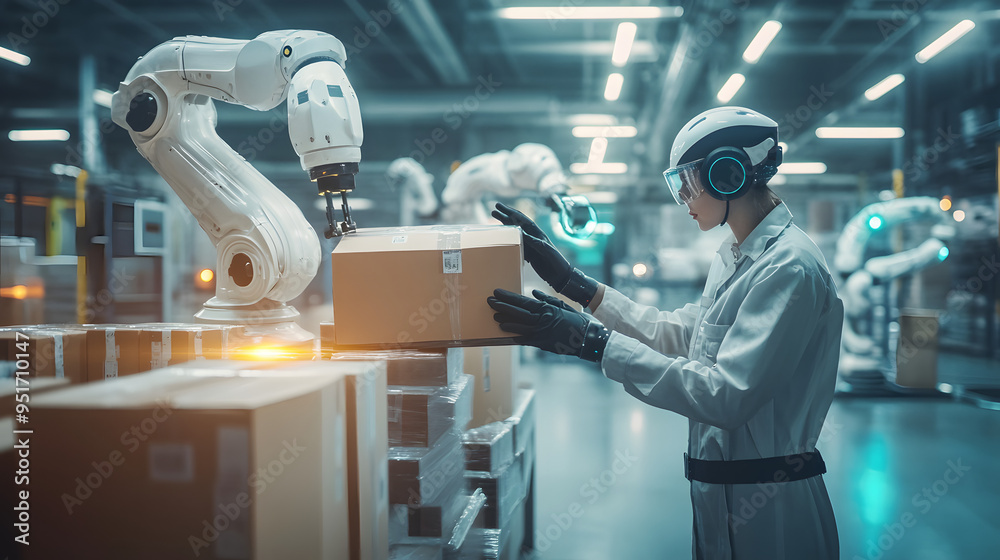 Future futuristic virtual reality VR technology innovative warehouse management . Concept smart ...