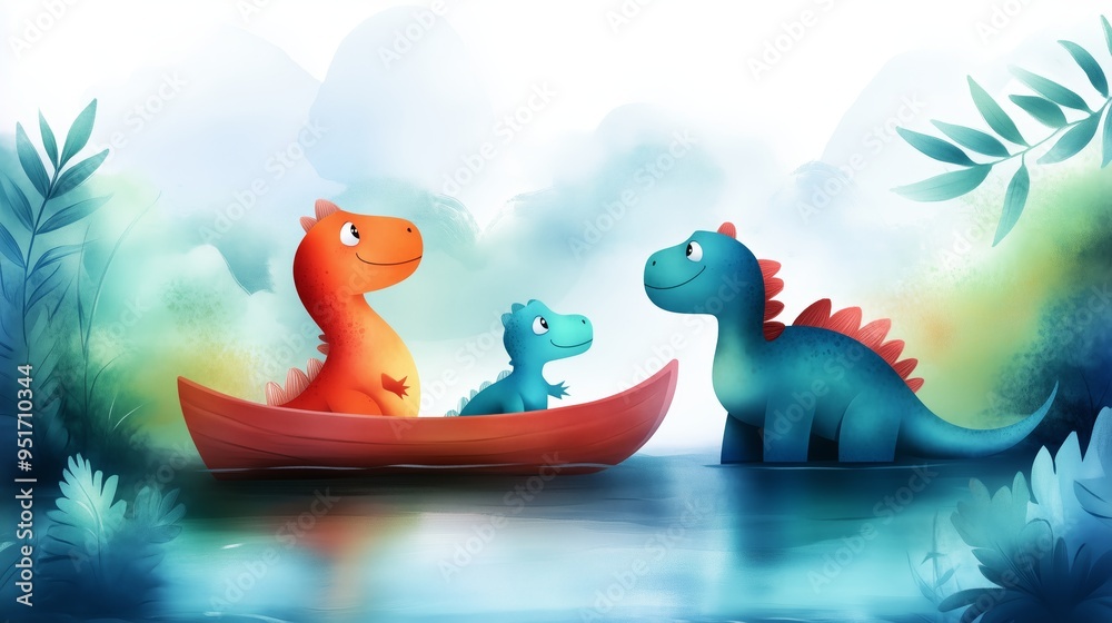 cartoon dinosaur family enjoying a serene boat ride on a watercolor ...