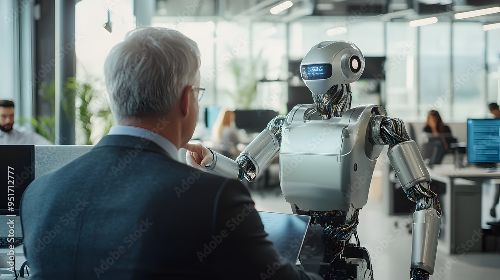 Business man working with AI artificial intelligence humanoid robot in ...