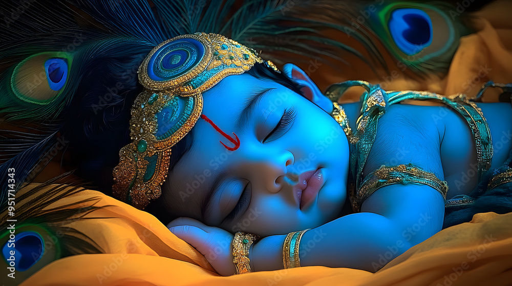 Cute little sleeping baby Krishna with blue skin and peacock feather ...