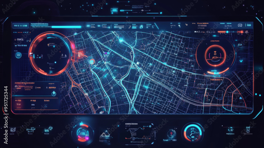 Route dashboard featuring a city map navigation interface. Car GPS ...