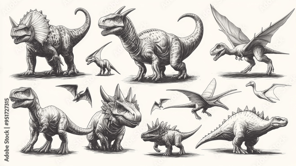 Icons of prehistoric reptiles. Dinosaur sketches including triceratops ...