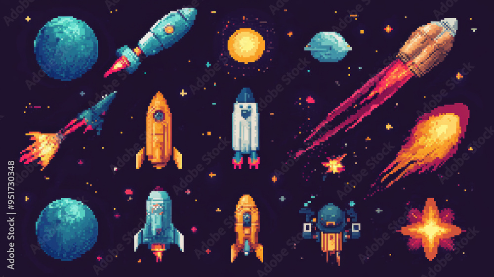 Ilustración de Stock 8-bit pixel art space game assets, including ...
