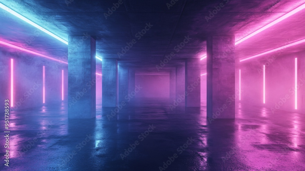 In this 3D rendering, a bright environment is rendered with a neon ...