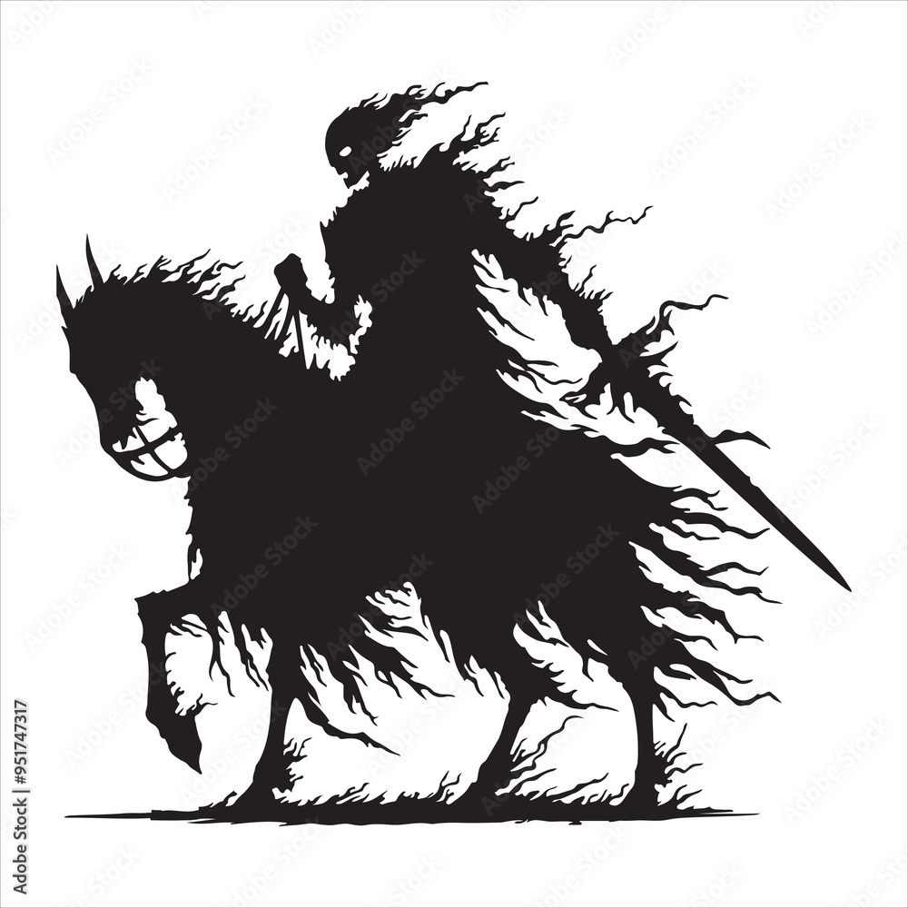 Black silhouette of a sinister knight without a head he will ride in ...