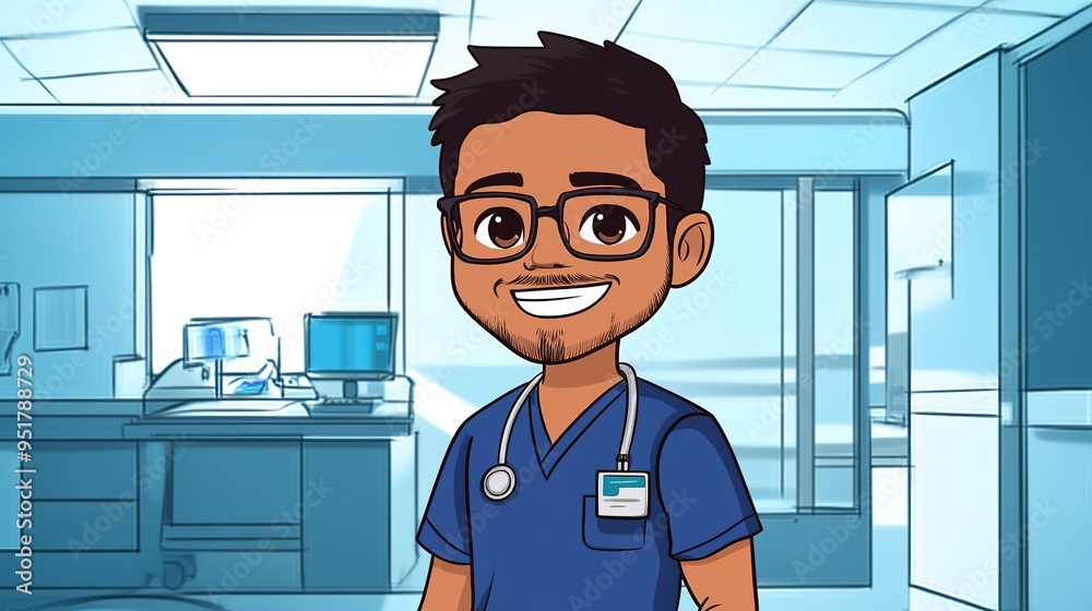Chibi Dark Male Filipino Nurse with Eyeglasses, Dressed in Hospital ...