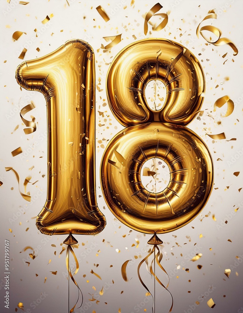 Gold birthday / anniversary balloon, number 18, white background with ...