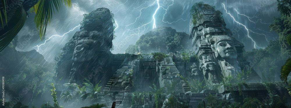 A dramatic jungle landscape featuring ancient stone sculptures under a ...