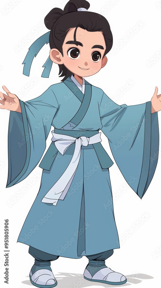 Cartoon style, full body shot, an ancient Chinese man wearing a blue ...