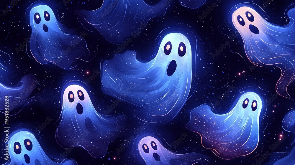 This image depicts multiple blue glowing ghosts with shocked ...