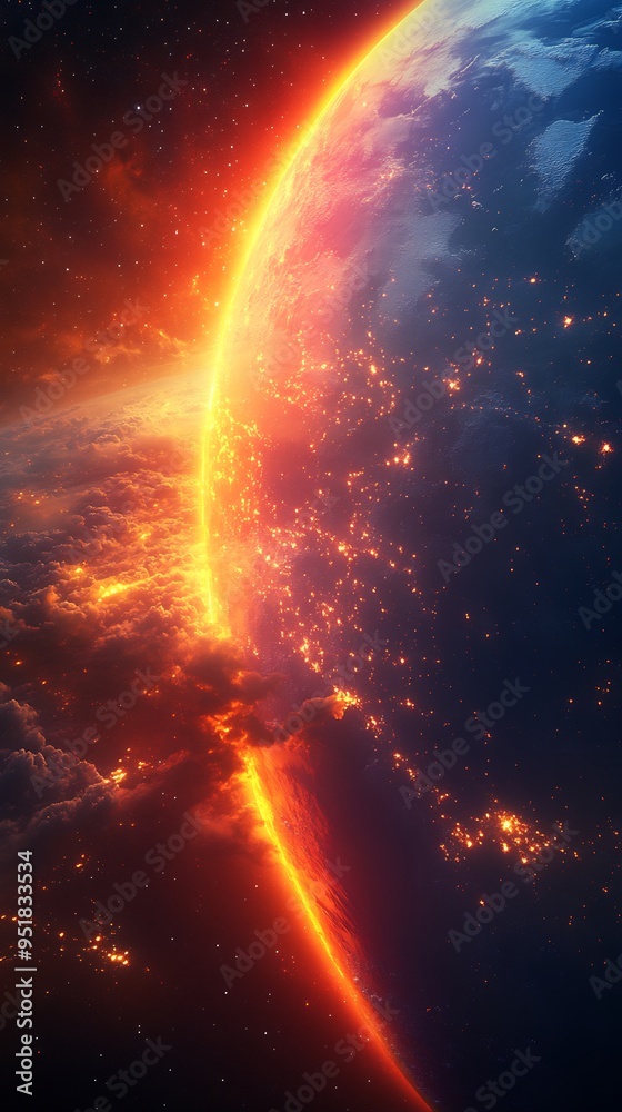 3d visual flat earth where the edge is illuminated by a continuous ...