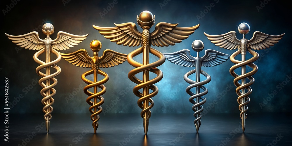 Five Metallic Caduceus Symbols, 3D Render, Medical Symbol, Healthcare ...