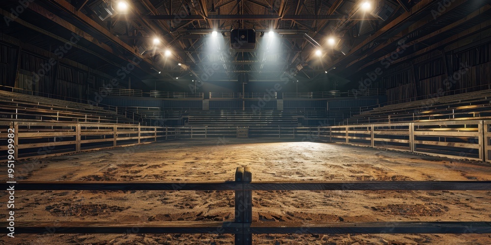 A stunning rodeo arena with empty bleachers illuminated by spotlights ...