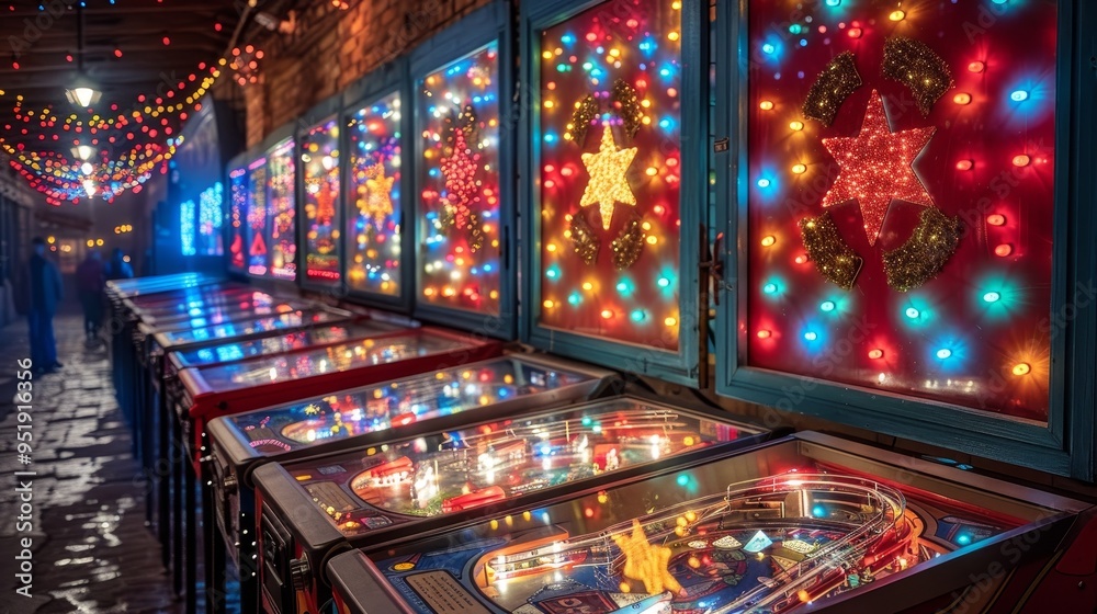 Classic vintage pinball machines with colorful lights showcased in a ...