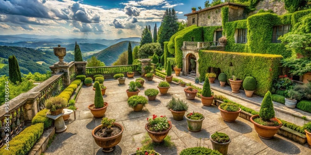 breathtaking panoramic view of a sprawling italian villa garden with ...