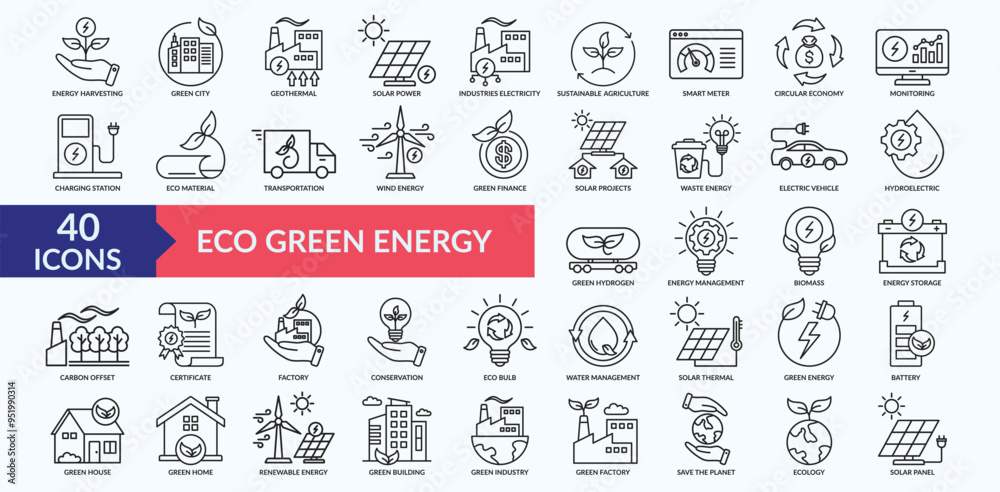 Eco green energy icon collection set with renewable energy, solar power ...