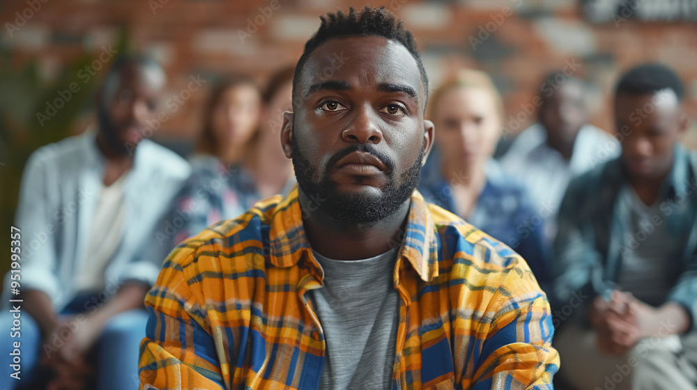 Sad depressed black man at support group meeting for mental health ...