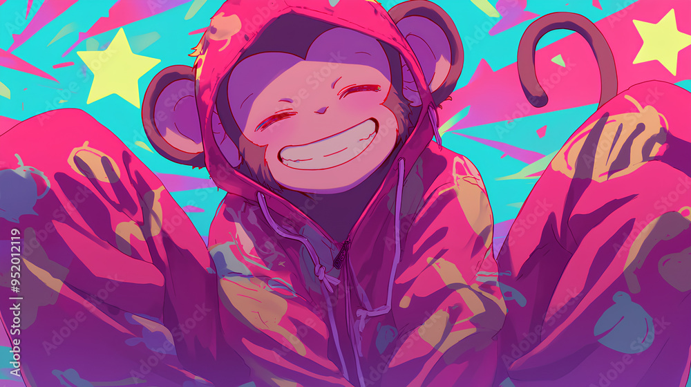 cute monkey character wearing anime onesie costume, anime style, cute ...