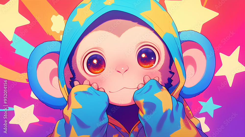 cute monkey character wearing anime onesie costume, anime style, cute ...