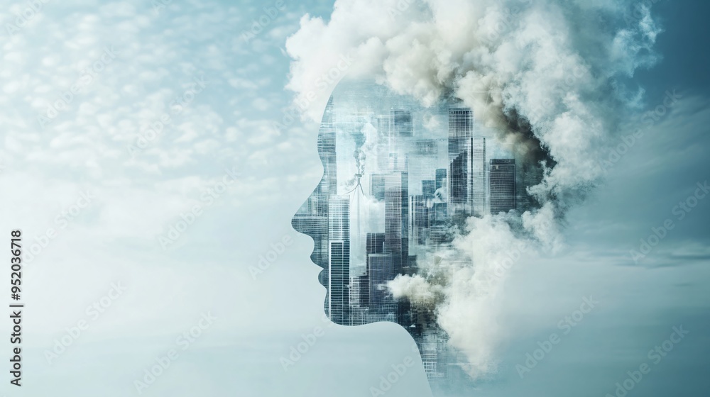 Human profile with polluted cityscape. Environmental impact concept ...