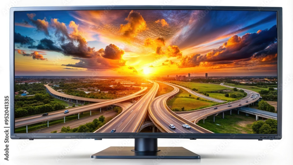 computer monitor displaying aerial view of arrow-shaped road ...