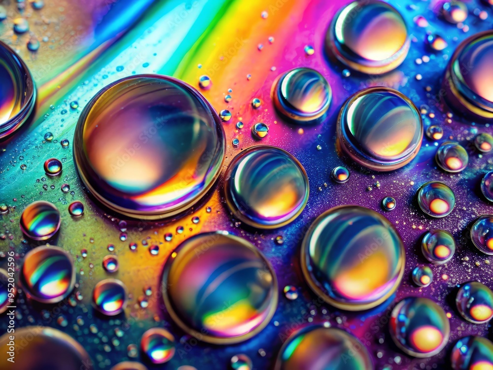 Iridescent, oil droplets suspended in a clear liquid on a microscope ...