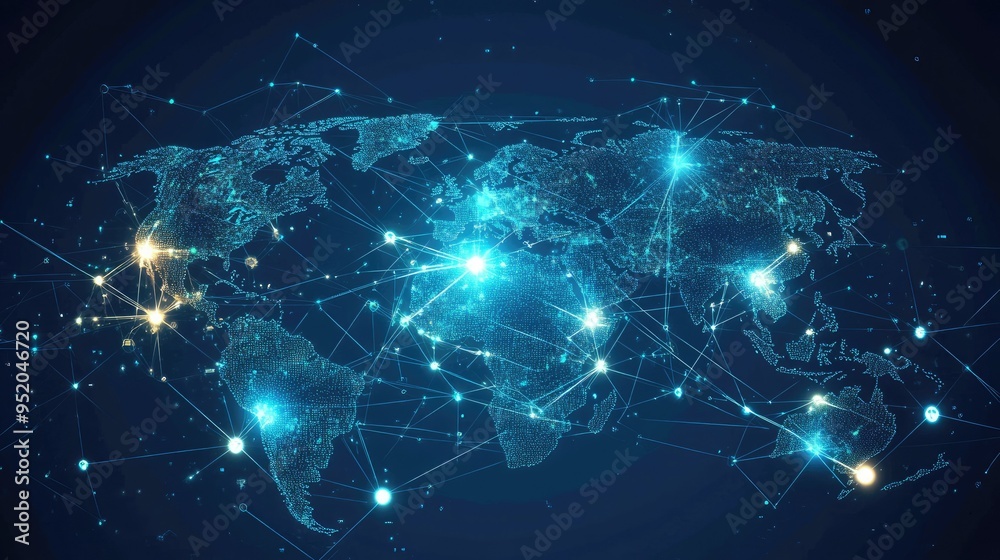 Web technology connections interface with a global network map. Digital ...