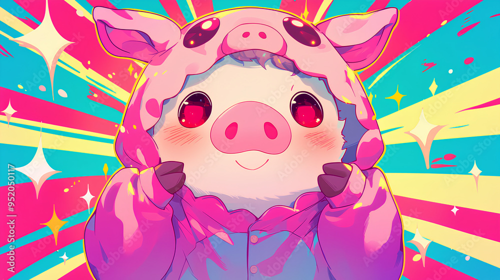 cute pig character wearing anime onesie costume, anime style, cute ...