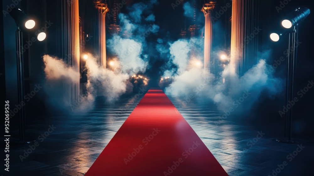 A glamorous red carpet scene with smoke swirling and spotlights shining ...