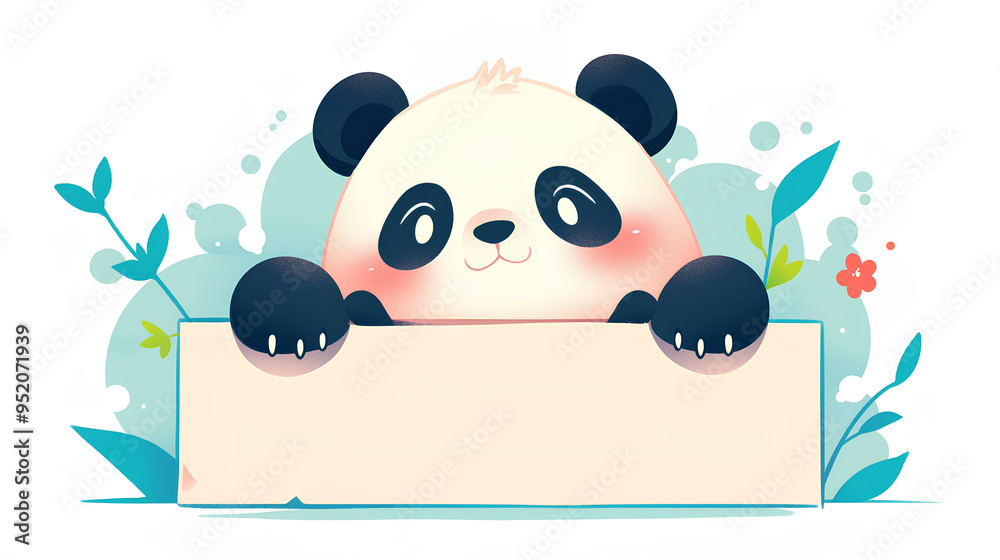 cute panda holding up a blank sign, colorful cartoon character, empty ...