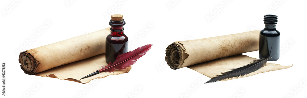 Two sets of quill pens and ink bottles displayed on aged parchment ...