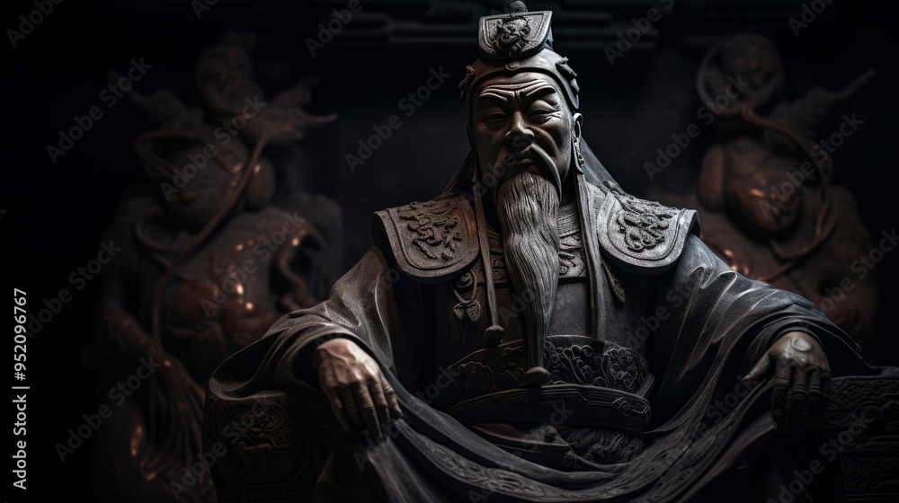 Chinese nobleman carved in stone, wearing ancient Chinese ornaments in ...