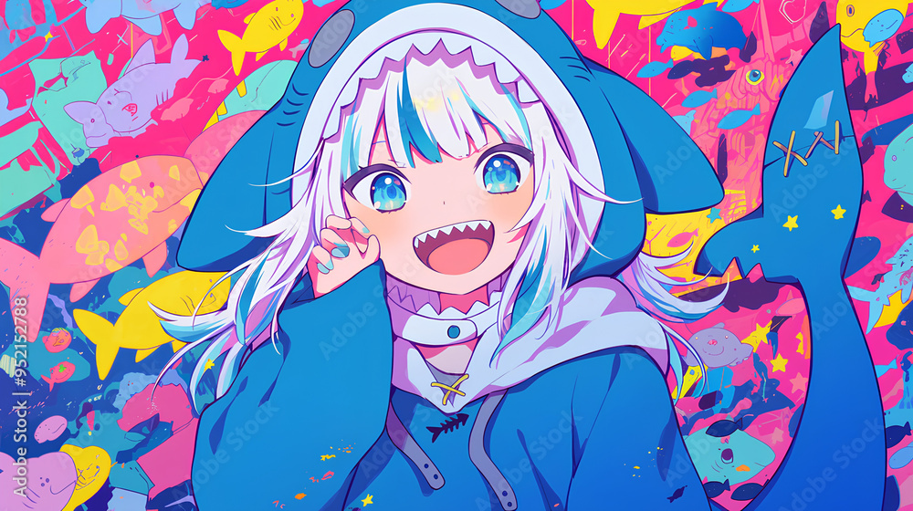cute shark character wearing anime onesie costume, anime style, cute ...