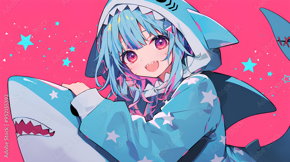 cute shark character wearing anime onesie costume, anime style, cute ...