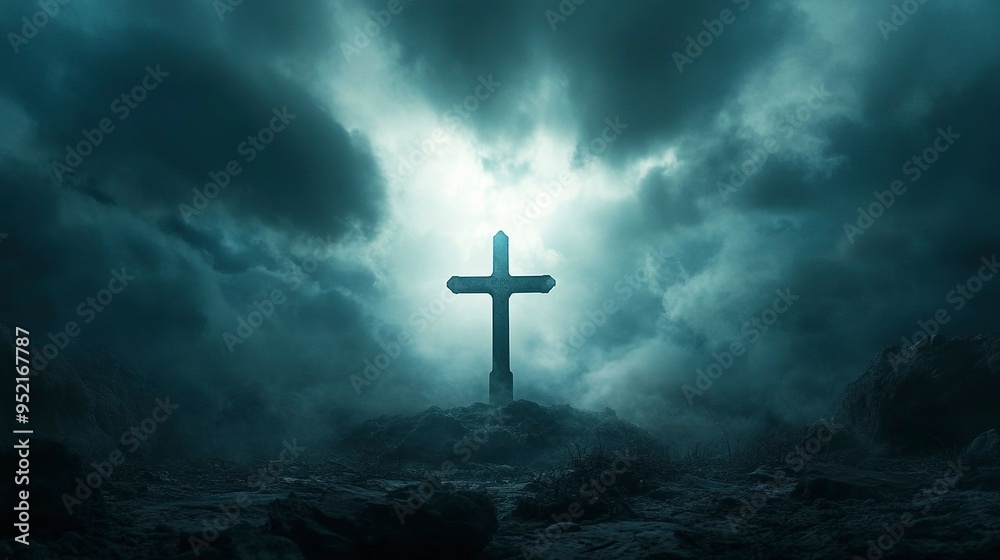 Dramatic image showing a religious church cross framed against a moody ...