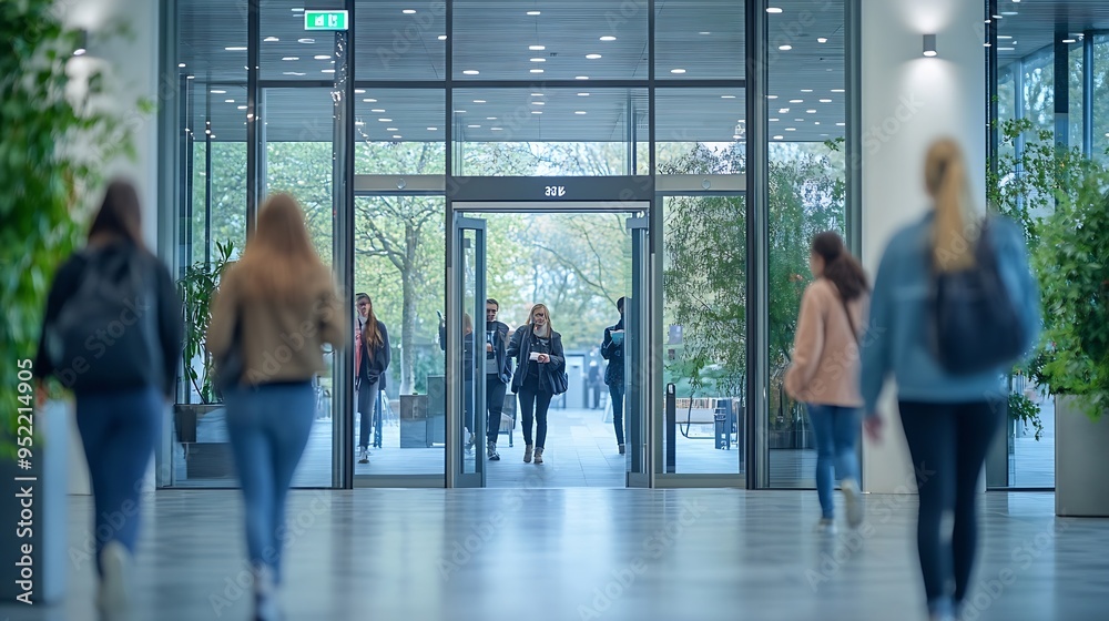 Group of people pass through the office entrance gate after ID card ...