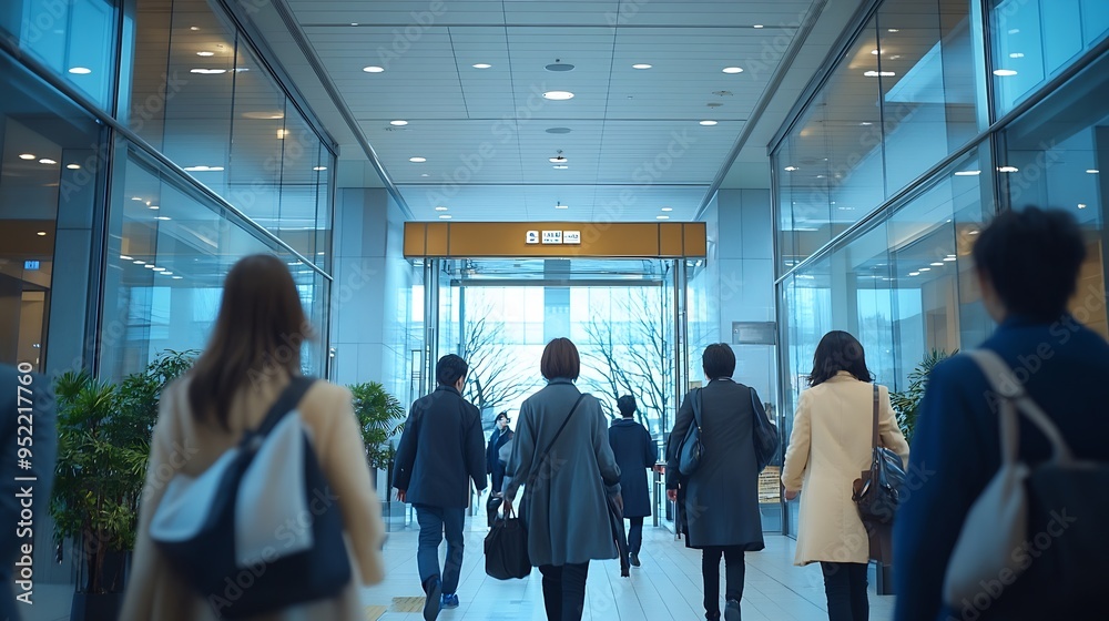 Group of people pass through the office entrance gate after ID card ...