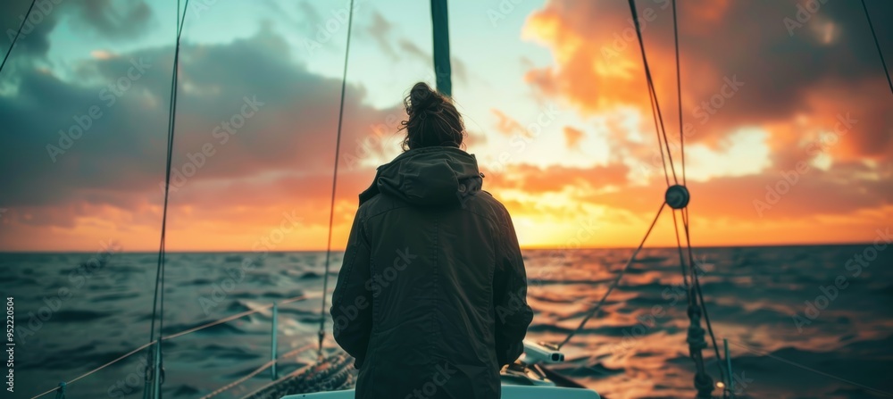 Adventure and Freedom at Sea: Person on Yacht Bow Watching Sunset ...