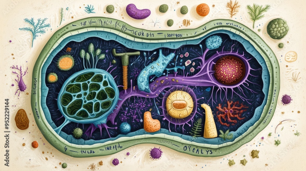 Detailed cross-section of a plant cell, with labels for the nucleus ...