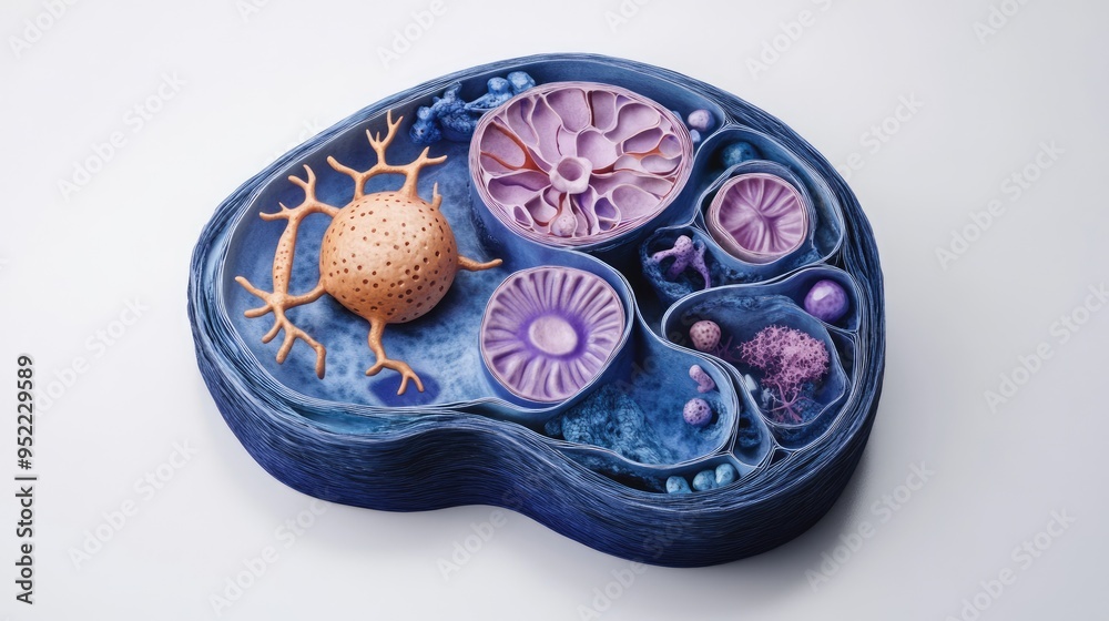 Detailed cross-section of an animal cell, with labels for the nucleus ...