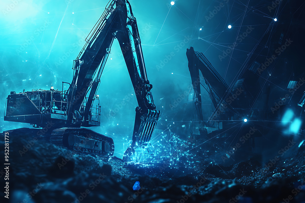 Abstract digital background banner featuring construction machines with ...