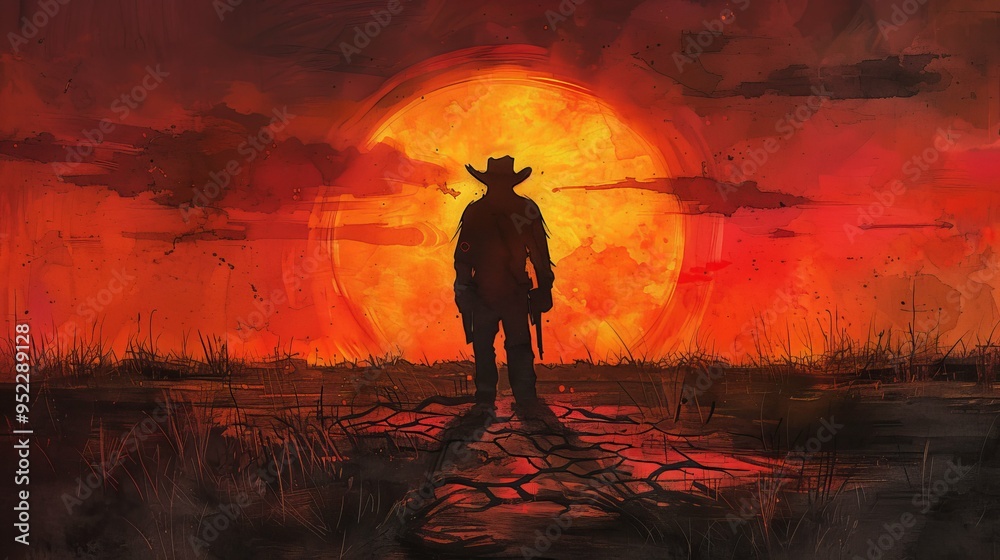 Lone cowboy silhouette stands against dramatic fiery sunset with ...