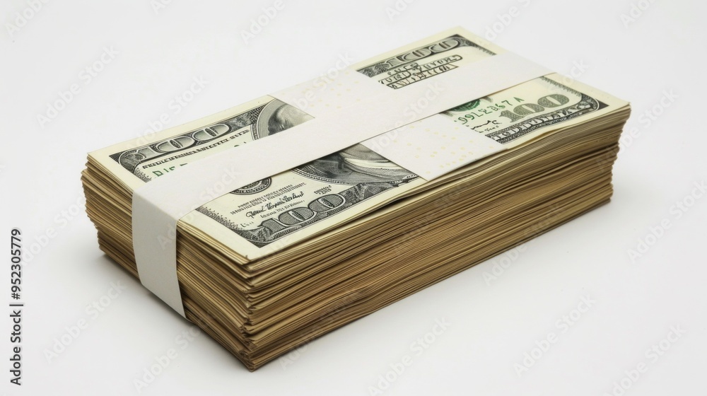 A stack of cash featuring crisp banknotes bound with a white band. This ...
