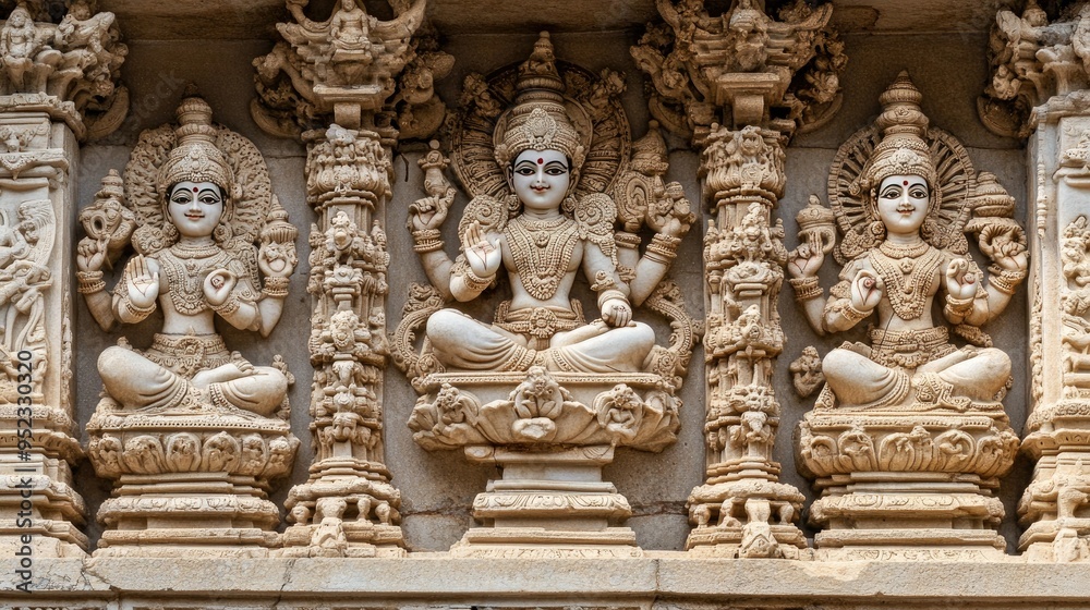 Intricate carving of Hindu deities on a temple wall, with ample space ...